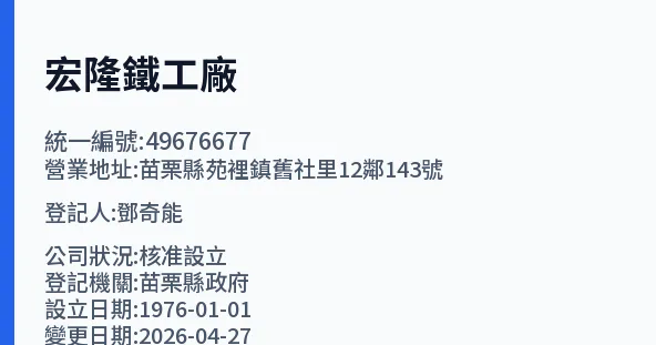 宏隆鐵工廠的照片-統編 49676677(苗栗縣) 公司登記資料與營業項目詳細圖表