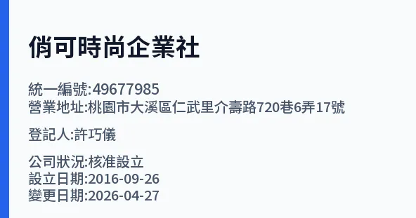 俏可時尚企業社的照片-統編 49677985(桃園市) 公司登記資料與營業項目詳細圖表