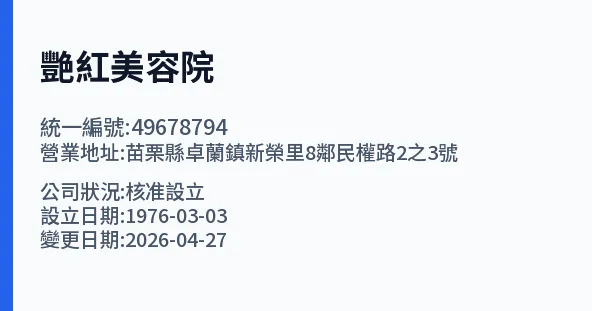 艷紅美容院的照片-統編 49678794(苗栗縣) 公司登記資料與營業項目詳細圖表