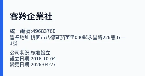 睿羚企業社的照片-統編 49683760(桃園市) 公司登記資料與營業項目詳細圖表