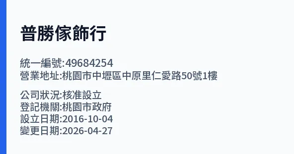 普勝傢飾行的照片-統編 49684254(桃園市) 公司登記資料與營業項目詳細圖表