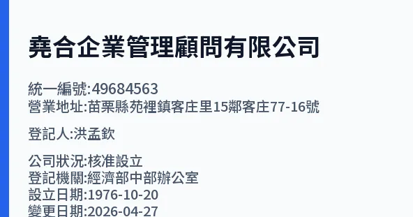 堯合企業管理顧問有限公司的照片-統編 49684563(苗栗縣) 公司登記資料與營業項目詳細圖表