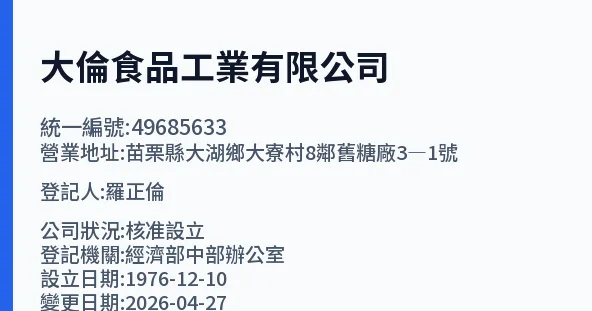大倫食品工業有限公司的照片-統編 49685633(苗栗縣) 公司登記資料與營業項目詳細圖表