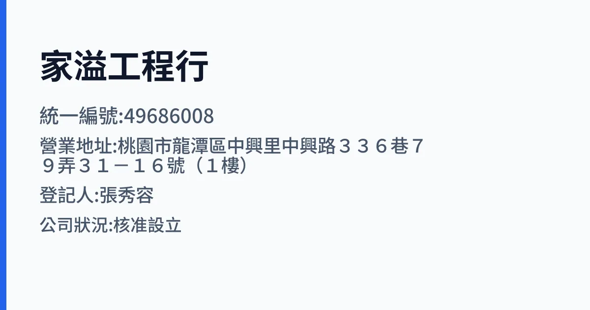 家溢工程行 - 統編 49686008(桃園市) 公司登記資料與營業項目詳細圖表