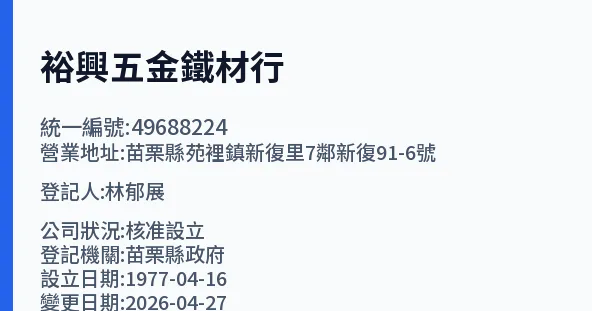 裕興五金鐵材行的照片-統編 49688224(苗栗縣) 公司登記資料與營業項目詳細圖表