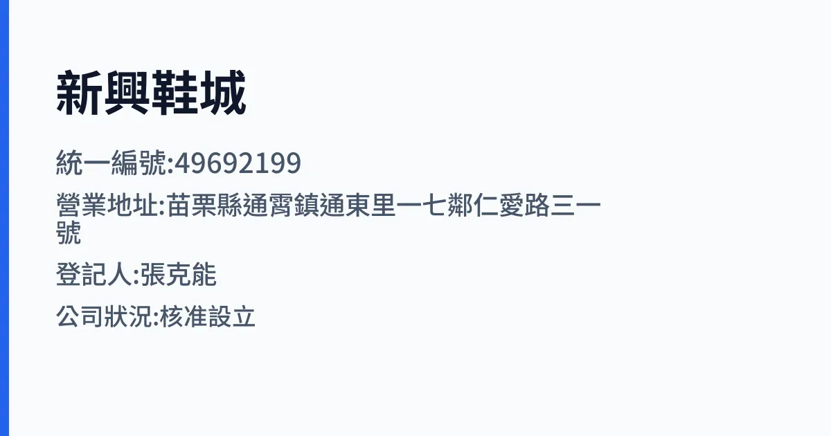 新興鞋城 - 統編 49692199(苗栗縣) 公司登記資料與營業項目詳細圖表