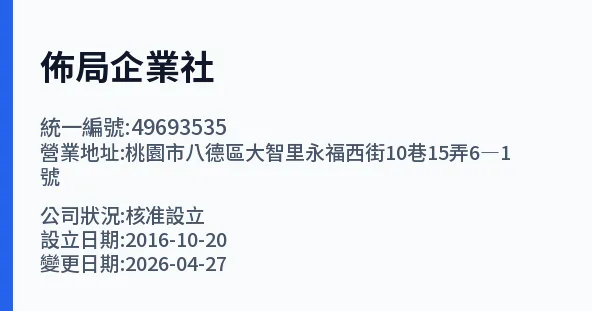 佈局企業社的照片-統編 49693535(桃園市) 公司登記資料與營業項目詳細圖表