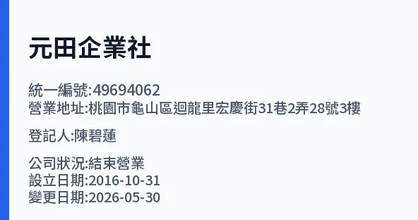 元田企業社的照片-統編 49694062(桃園市) 公司登記資料與營業項目詳細圖表