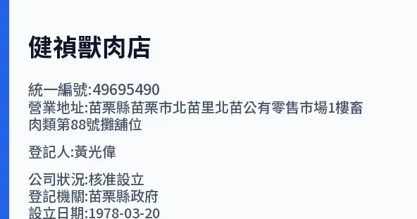 健禎獸肉店的照片-統編 49695490(苗栗縣) 公司登記資料與營業項目詳細圖表