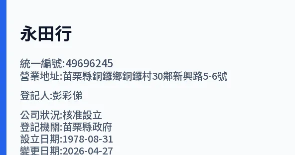 永田行的照片-統編 49696245(苗栗縣) 公司登記資料與營業項目詳細圖表
