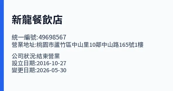 新龍餐飲店的照片-統編 49698567(桃園市) 公司登記資料與營業項目詳細圖表