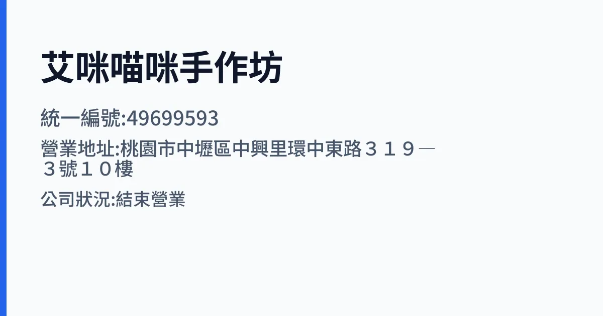 艾咪喵咪手作坊 - 統編 49699593(桃園市) 公司登記資料與營業項目詳細圖表