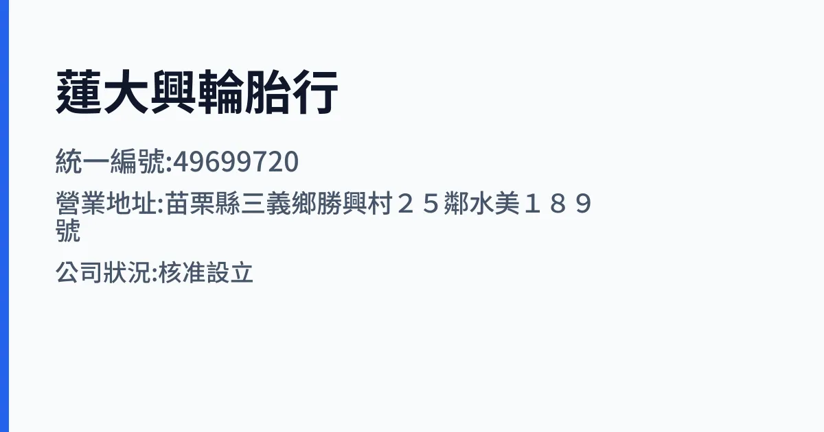 蓮大興輪胎行 - 統編 49699720(苗栗縣) 公司登記資料與營業項目詳細圖表