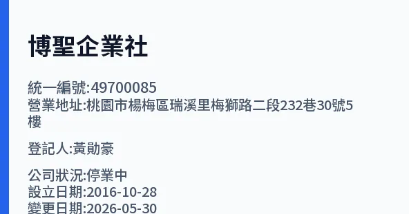 博聖企業社的照片-統編 49700085(桃園市) 公司登記資料與營業項目詳細圖表