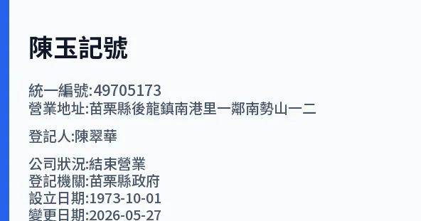 陳玉記號的照片-統編 49705173(苗栗縣) 公司登記資料與營業項目詳細圖表