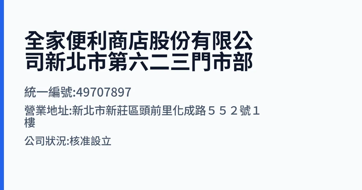 全家便利商店股份有限公司新北市第六二三門市部 - 統編 49707897(新北市) 公司登記資料與營業項目詳細圖表
