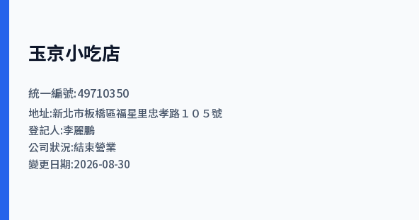玉京小吃店的照片-統編 49710350(新北市) 公司登記資料與營業項目詳細圖表