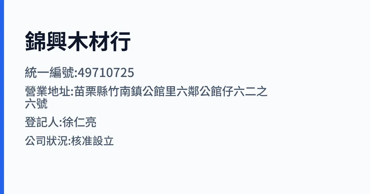 錦興木材行 - 統編 49710725(苗栗縣) 公司登記資料與營業項目詳細圖表