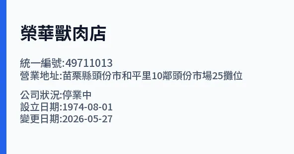 榮華獸肉店的照片-統編 49711013(苗栗縣) 公司登記資料與營業項目詳細圖表