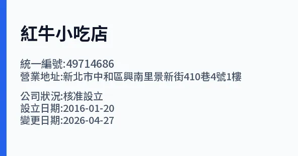 紅牛小吃店的照片-統編 49714686(新北市) 公司登記資料與營業項目詳細圖表