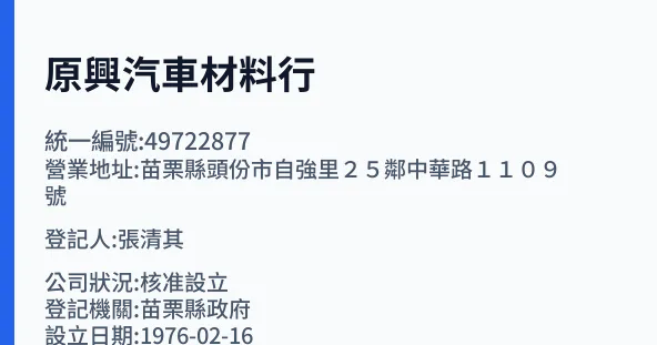 原興汽車材料行的照片-統編 49722877(苗栗縣) 公司登記資料與營業項目詳細圖表