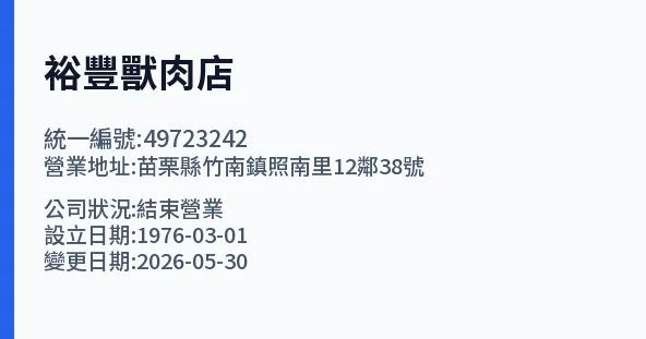裕豐獸肉店的照片-統編 49723242(苗栗縣) 公司登記資料與營業項目詳細圖表