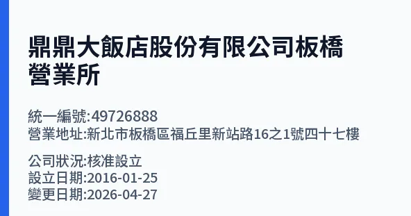 鼎鼎大飯店股份有限公司板橋營業所的照片-統編 49726888(新北市) 公司登記資料與營業項目詳細圖表