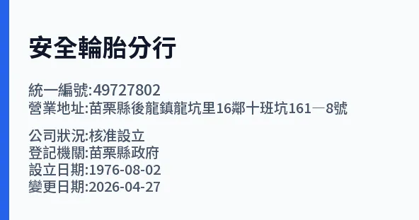 安全輪胎分行的照片-統編 49727802(苗栗縣) 公司登記資料與營業項目詳細圖表