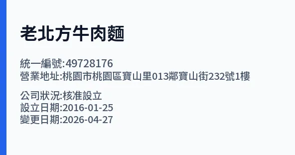 老北方牛肉麵的照片-統編 49728176(桃園市) 公司登記資料與營業項目詳細圖表