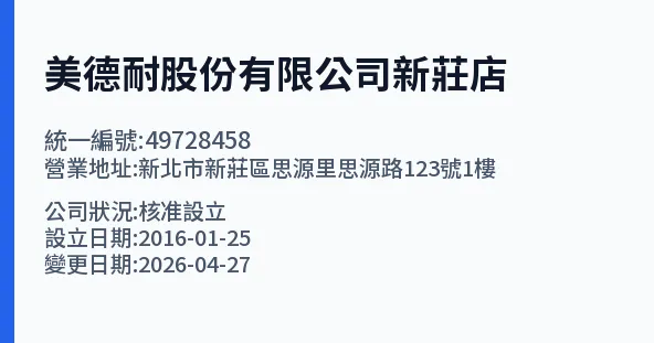 美德耐股份有限公司新莊店的照片-統編 49728458(新北市) 公司登記資料與營業項目詳細圖表