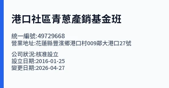 港口社區青蔥產銷基金班的照片-統編 49729668(花蓮縣) 公司登記資料與營業項目詳細圖表