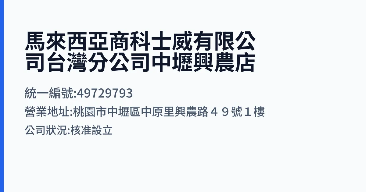 馬來西亞商科士威有限公司台灣分公司中壢興農店 - 統編 49729793(桃園市) 公司登記資料與營業項目詳細圖表
