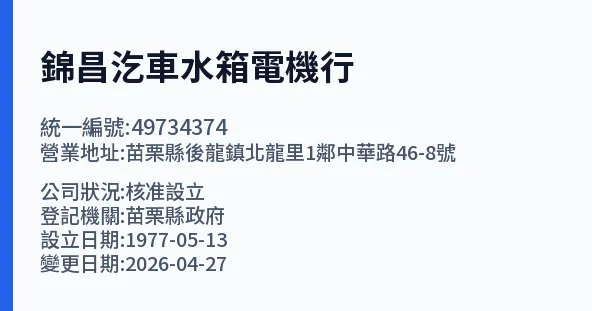 錦昌汔車水箱電機行的照片-統編 49734374(苗栗縣) 公司登記資料與營業項目詳細圖表