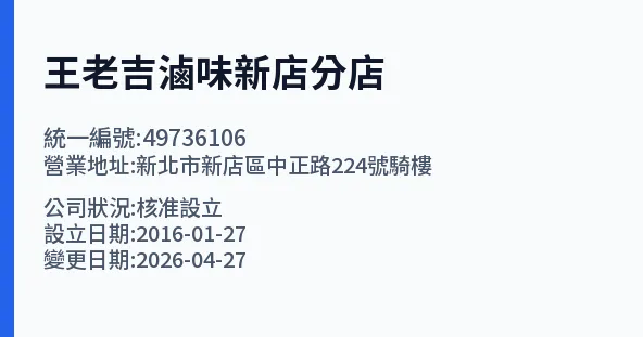 王老吉滷味新店分店的照片-統編 49736106(新北市) 公司登記資料與營業項目詳細圖表