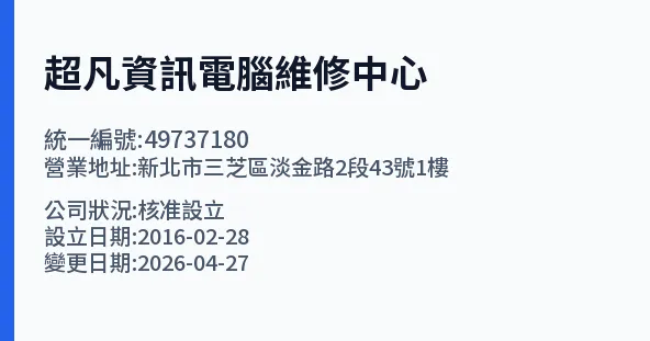 超凡資訊電腦維修中心的照片-統編 49737180(新北市) 公司登記資料與營業項目詳細圖表