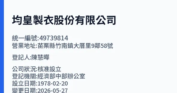 均皇製衣股份有限公司的照片-統編 49739814(苗栗縣) 公司登記資料與營業項目詳細圖表