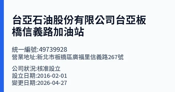 台亞石油股份有限公司台亞板橋信義路加油站的照片-統編 49739928(新北市) 公司登記資料與營業項目詳細圖表