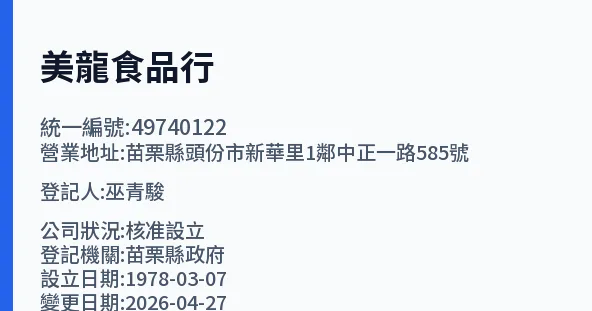 美龍食品行的照片-統編 49740122(苗栗縣) 公司登記資料與營業項目詳細圖表