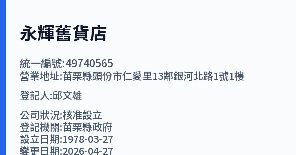 永輝舊貨店的照片-統編 49740565(苗栗縣) 公司登記資料與營業項目詳細圖表