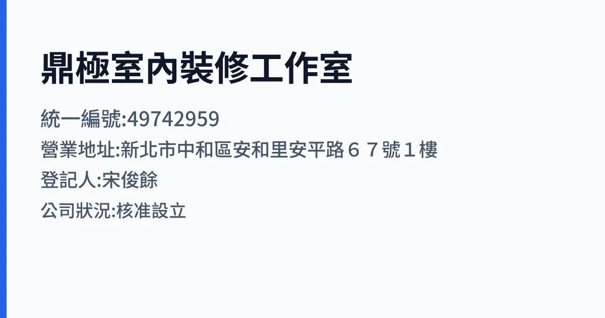 鼎極室內裝修工作室 - 統編 49742959(新北市) 公司登記資料與營業項目詳細圖表