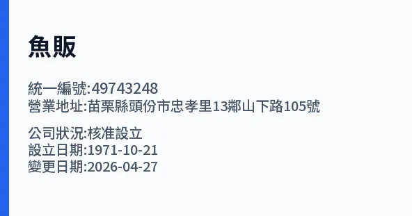 魚販的照片-統編 49743248(苗栗縣) 公司登記資料與營業項目詳細圖表