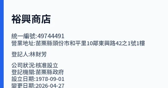 裕興商店的照片-統編 49744491(苗栗縣) 公司登記資料與營業項目詳細圖表