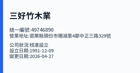 三好竹木業的照片-統編 49746890(苗栗縣) 公司登記資料與營業項目詳細圖表
