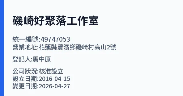 磯崎好聚落工作室的照片-統編 49747053(花蓮縣) 公司登記資料與營業項目詳細圖表