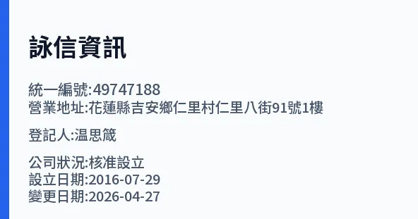 詠信資訊的照片-統編 49747188(花蓮縣) 公司登記資料與營業項目詳細圖表