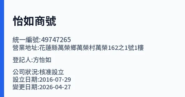 怡如商號的照片-統編 49747265(花蓮縣) 公司登記資料與營業項目詳細圖表