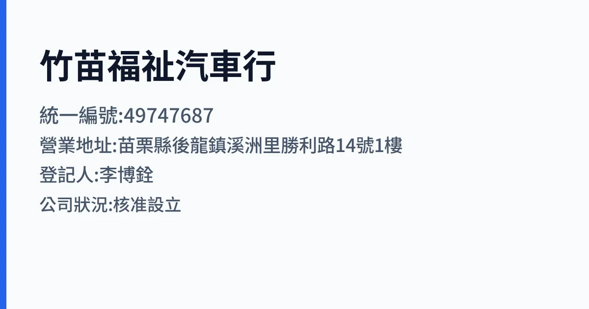 竹苗福祉汽車行 - 統編 49747687(苗栗縣) 公司登記資料與營業項目詳細圖表