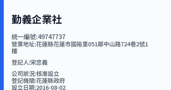 勤義企業社的照片-統編 49747737(花蓮縣) 公司登記資料與營業項目詳細圖表