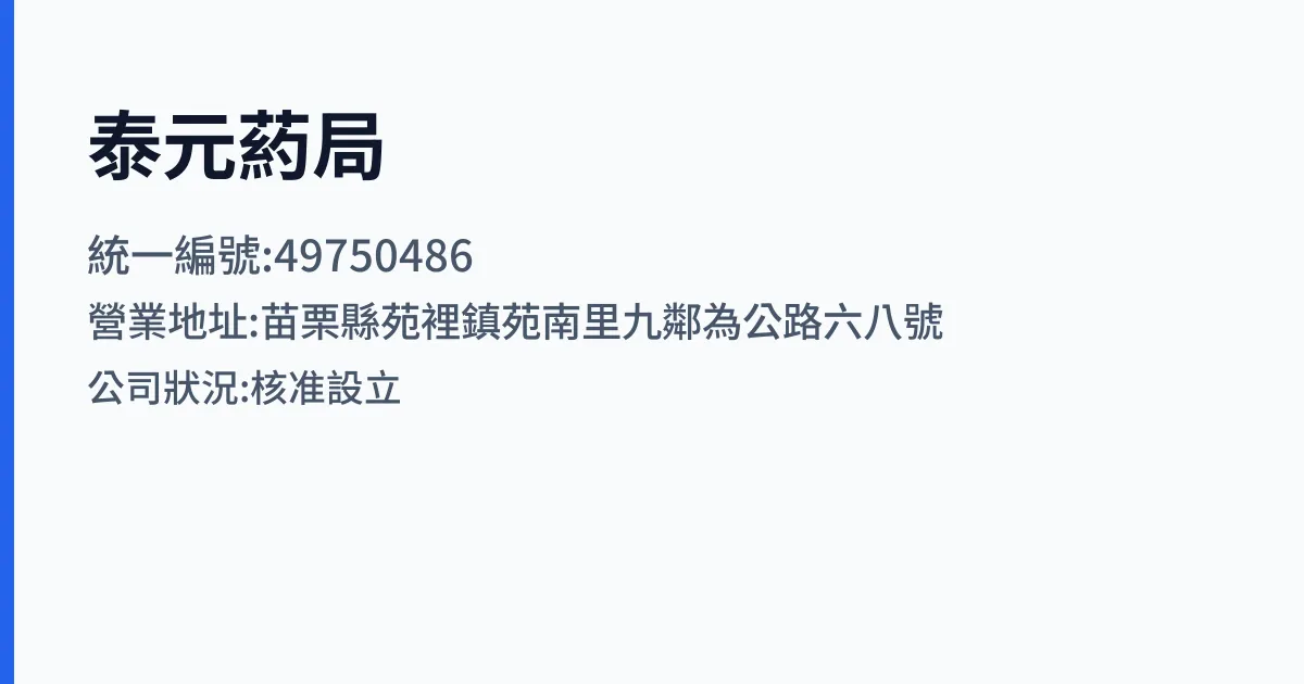 泰元葯局 - 統編 49750486(苗栗縣) 公司登記資料與營業項目詳細圖表