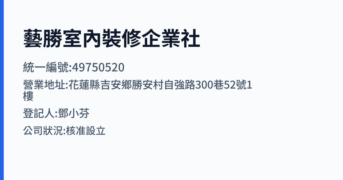 藝勝室內裝修企業社 - 統編 49750520(花蓮縣) 公司登記資料與營業項目詳細圖表